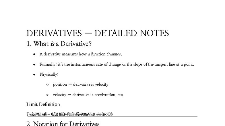 MATH 101: Derivatives - Key Concepts and Rules Summary - Studocu