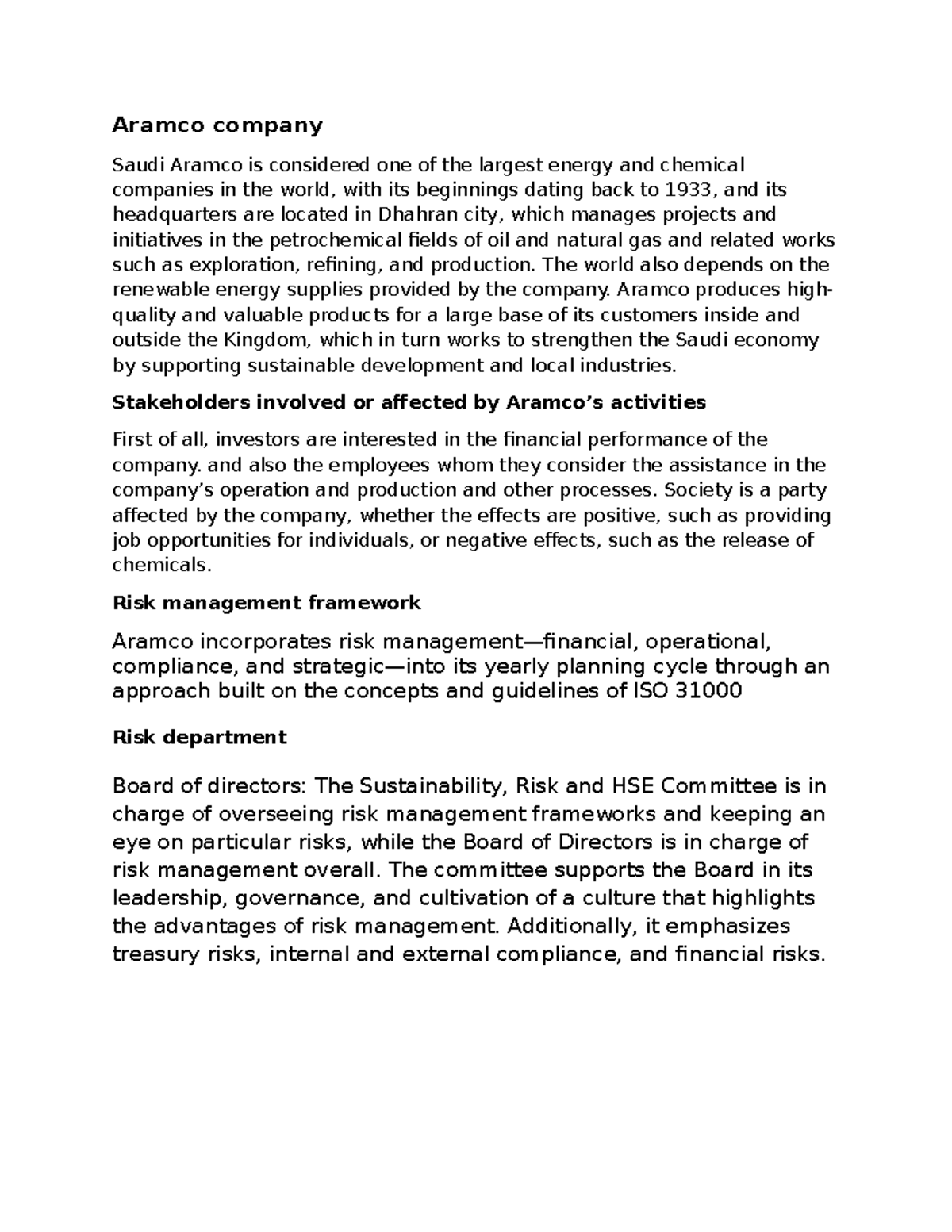 Risk Assignment - Risk Management Overview of Aramco and Nadec - Studocu