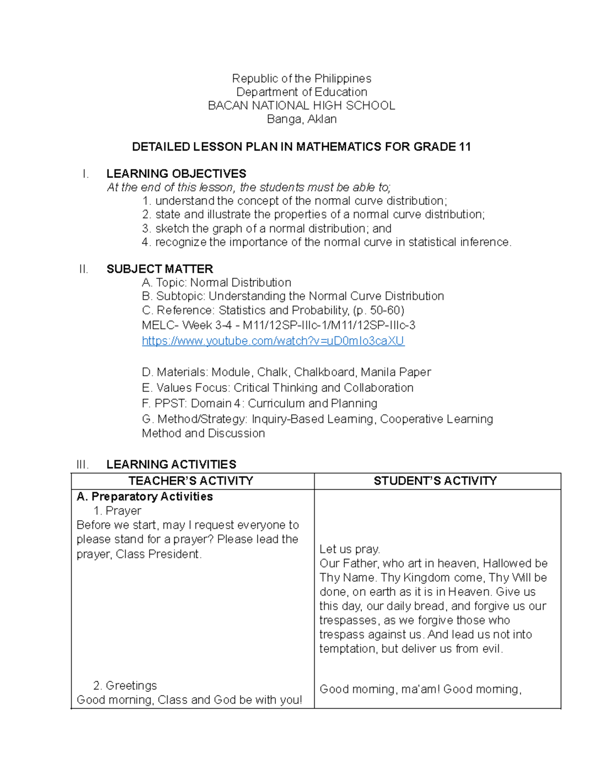Detailed Lesson Plan on Normal Distribution for Grade 11 (LP1) - Studocu