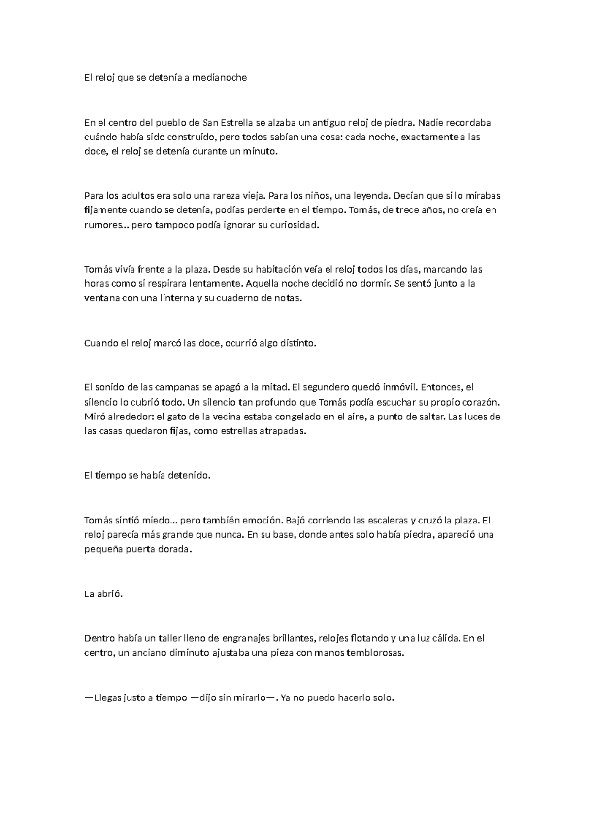 El reloj que se detenía a medianoche: Un viaje en el tiempo - Studocu