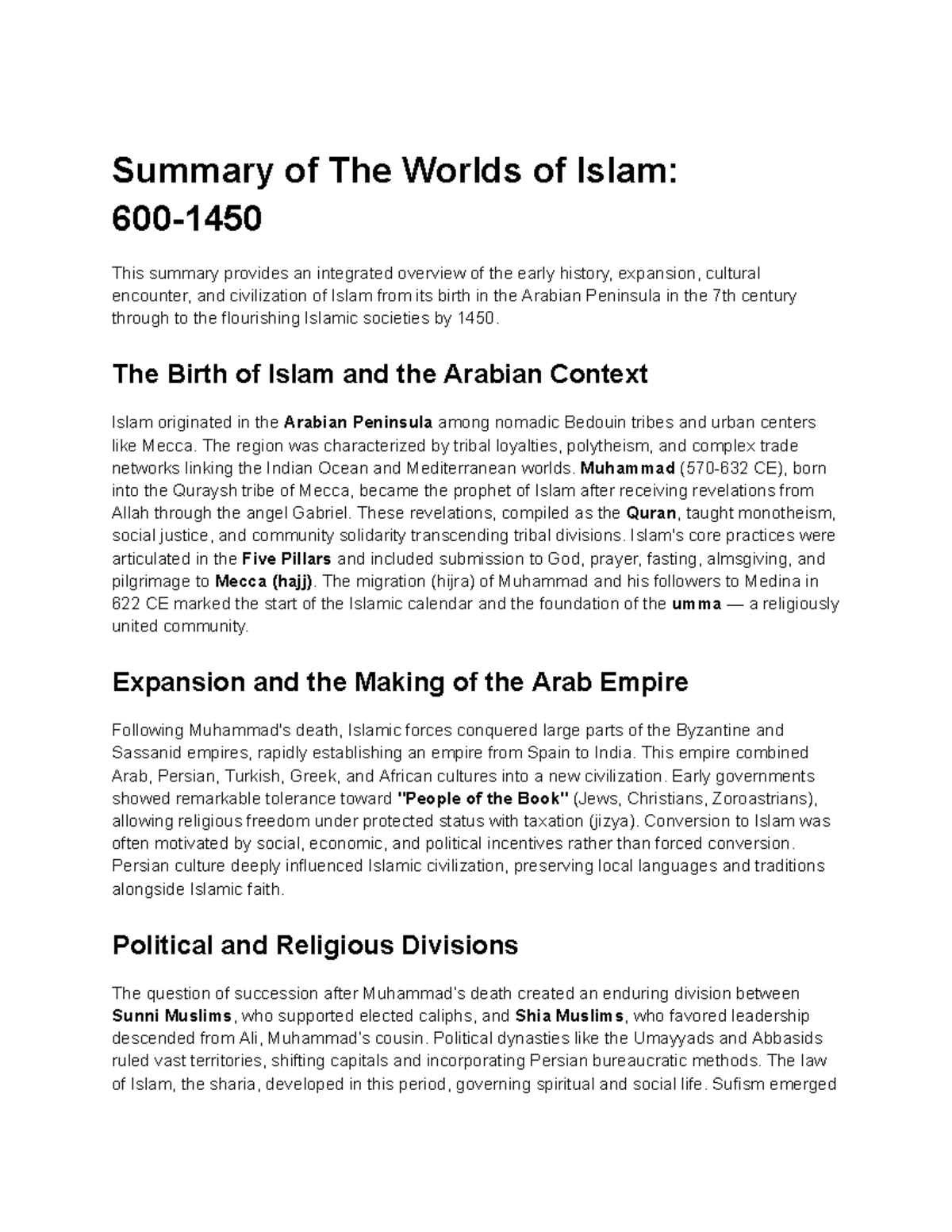Islam Unit 2 Notes: Overview of Early Islamic History and Civilization ...