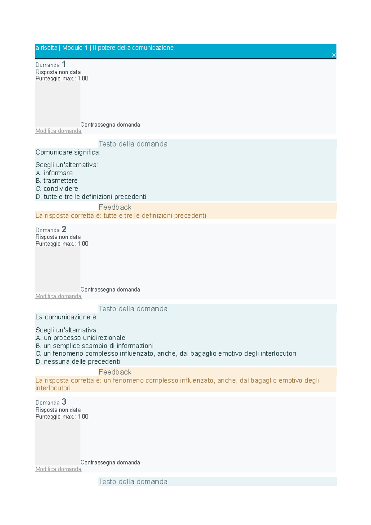 Risposte | Modulo 1: Domande e Feedback sulla Comunicazione - Studocu