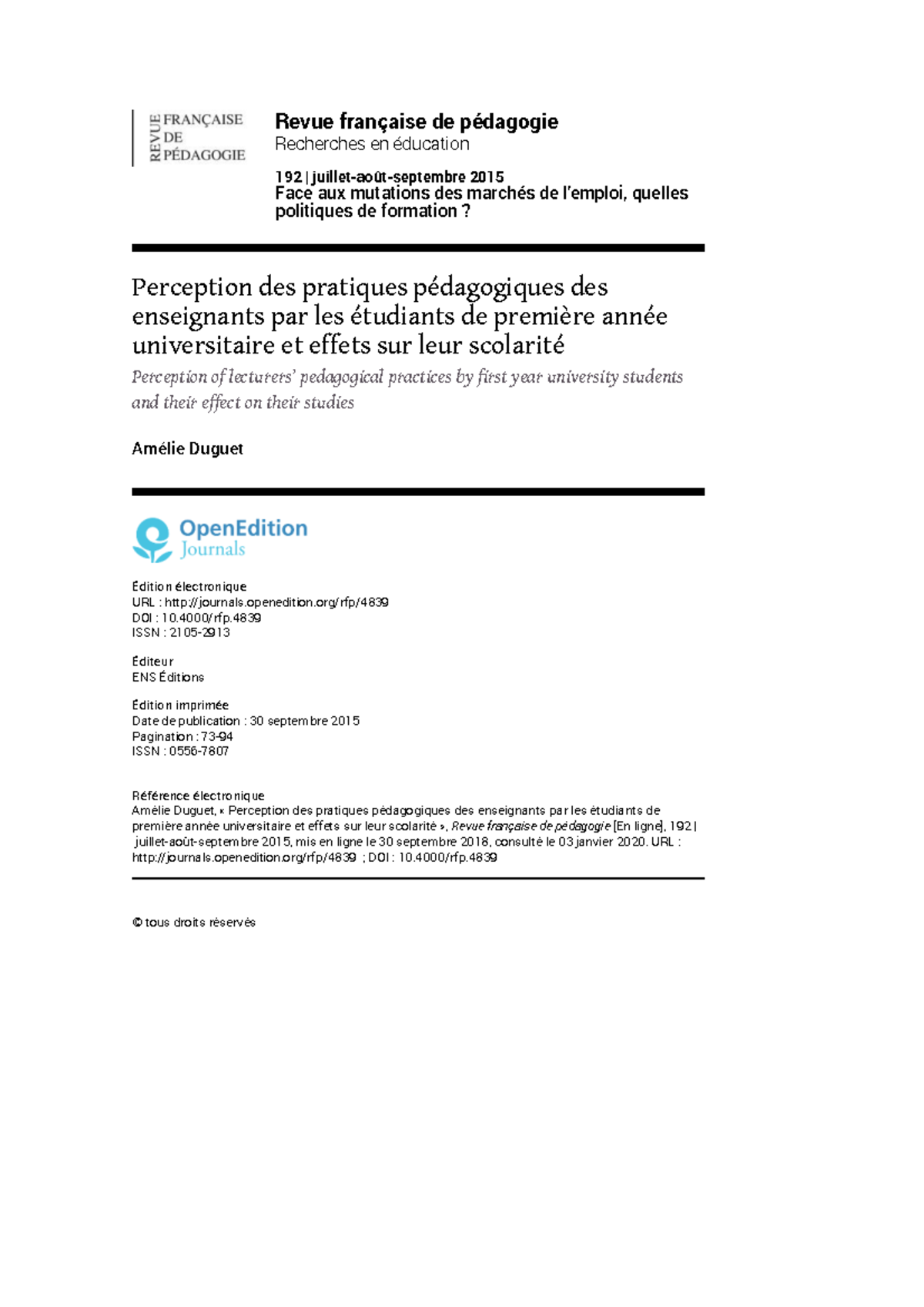 Perception des Pratiques Pédagogiques en 1ère Année Universitaire (RFP ...