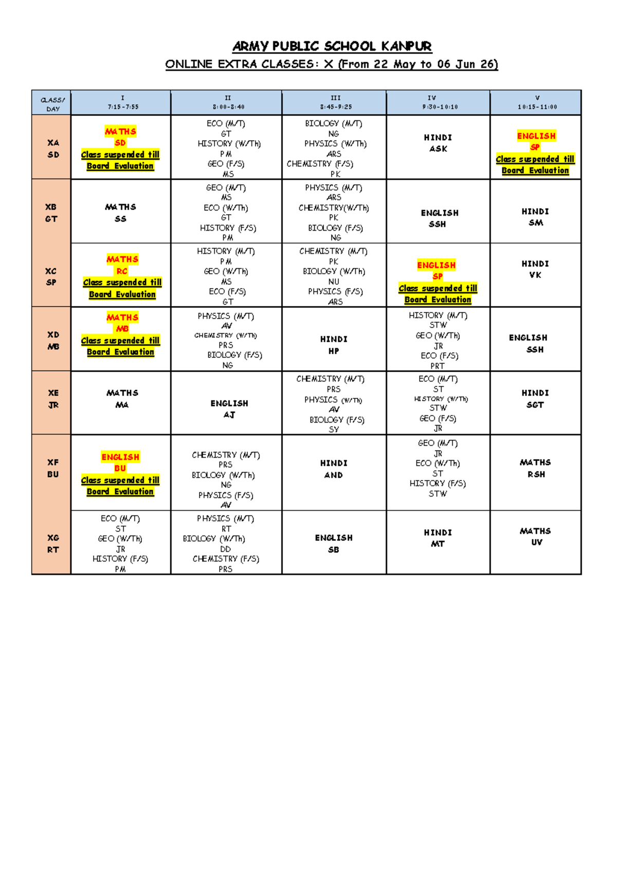 Extra Classes Schedule for Class X (22 May - 06 Jun 26) - Studocu