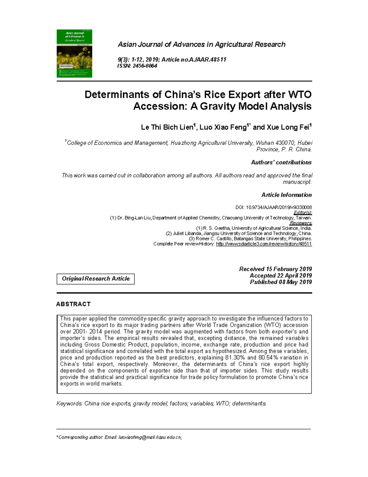 Determinants of Rice Export Post-WTO: A Gravity Model Analysis (AJAAR 9 ...