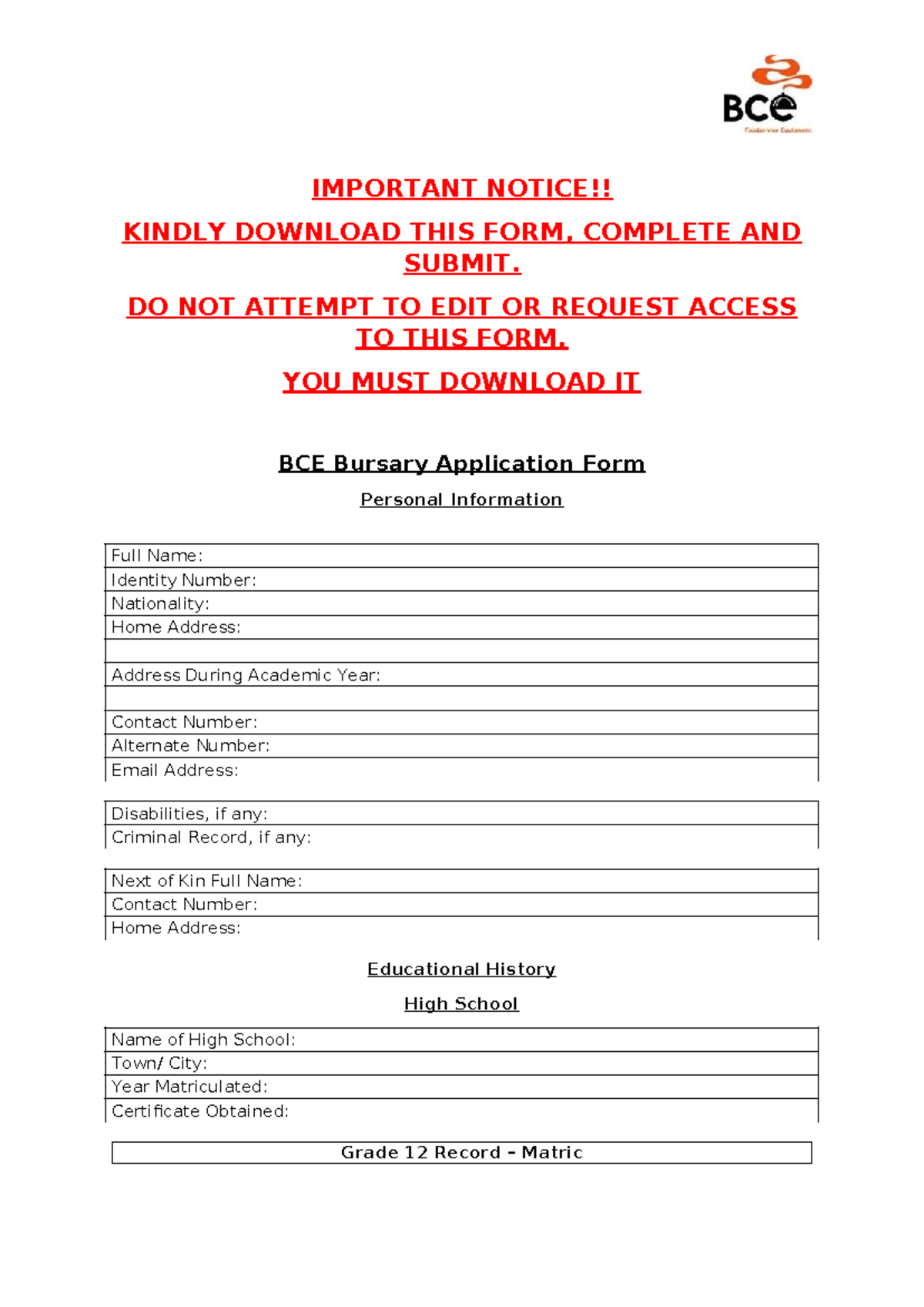 BCE Bursary Application Form - Important Submission Guidelines - Studocu