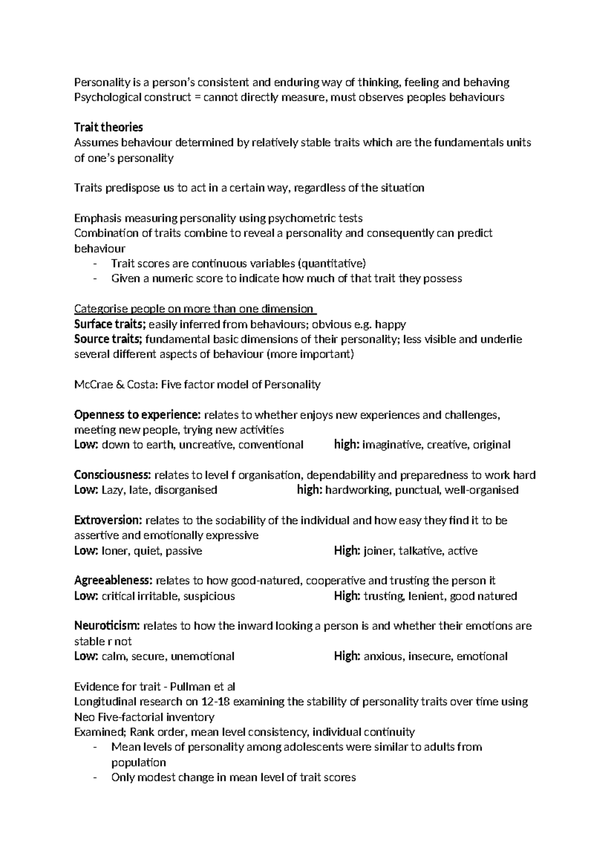Unit 4: Personality Theories and Trait Analysis Notes - Studocu