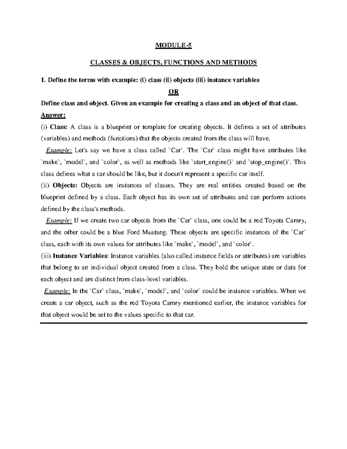 Module 5: Class & Object Concepts, Q&A for Programming Python - Studocu