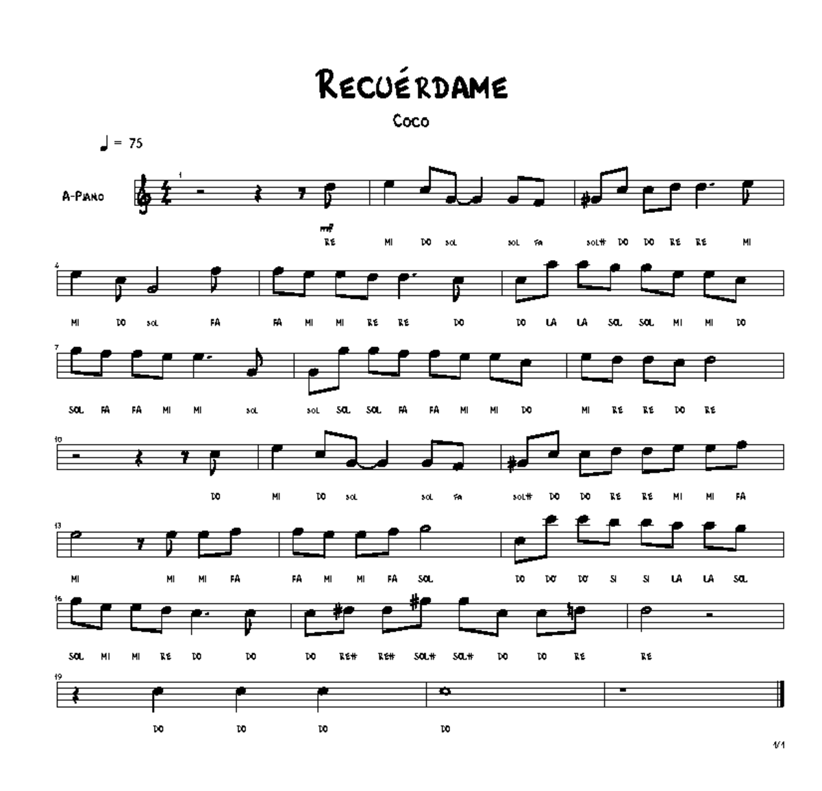 Recuérdame - Notas de Canción para Piano (Coco) - Studocu