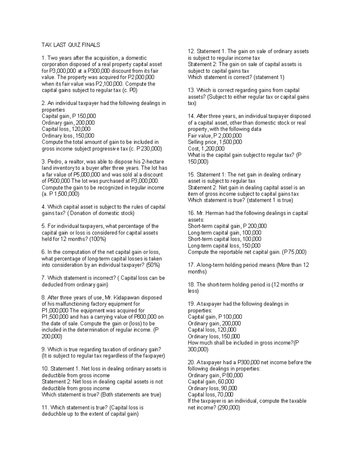 TAX 101 QUIZ FINALS: Capital Gains and Income Tax Computations - Studocu