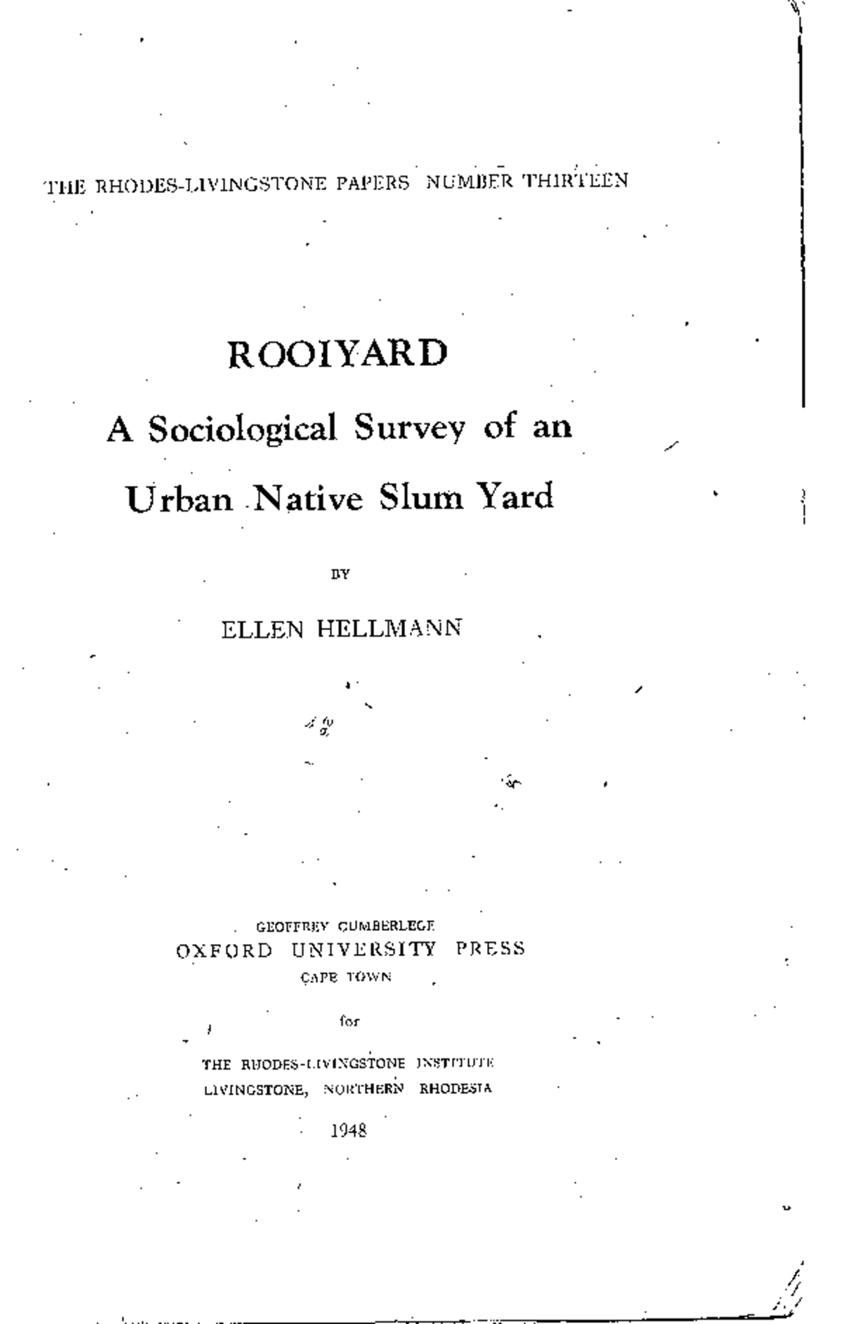Sociological Survey of Rooiyard Slum (Hellmann 1948) - Studocu