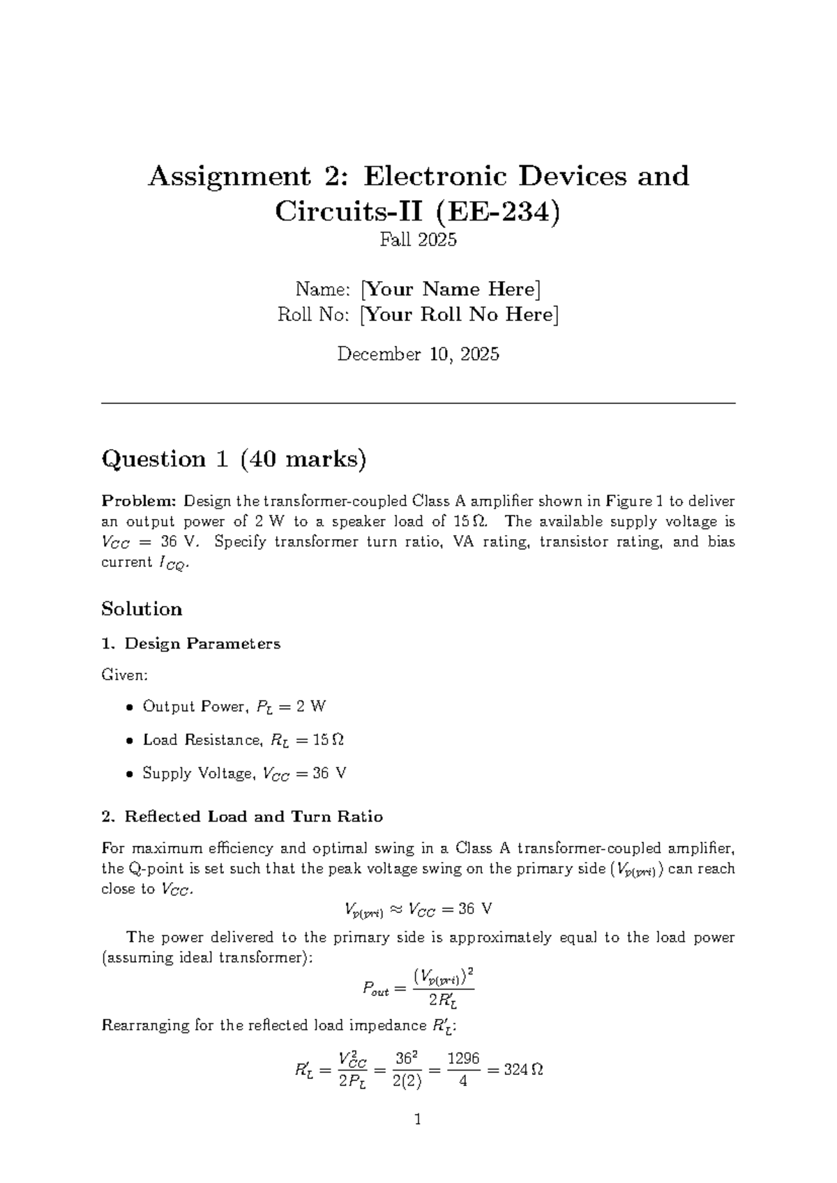 Assignment 2: Class A & B Amplifier Design Solutions - Studocu