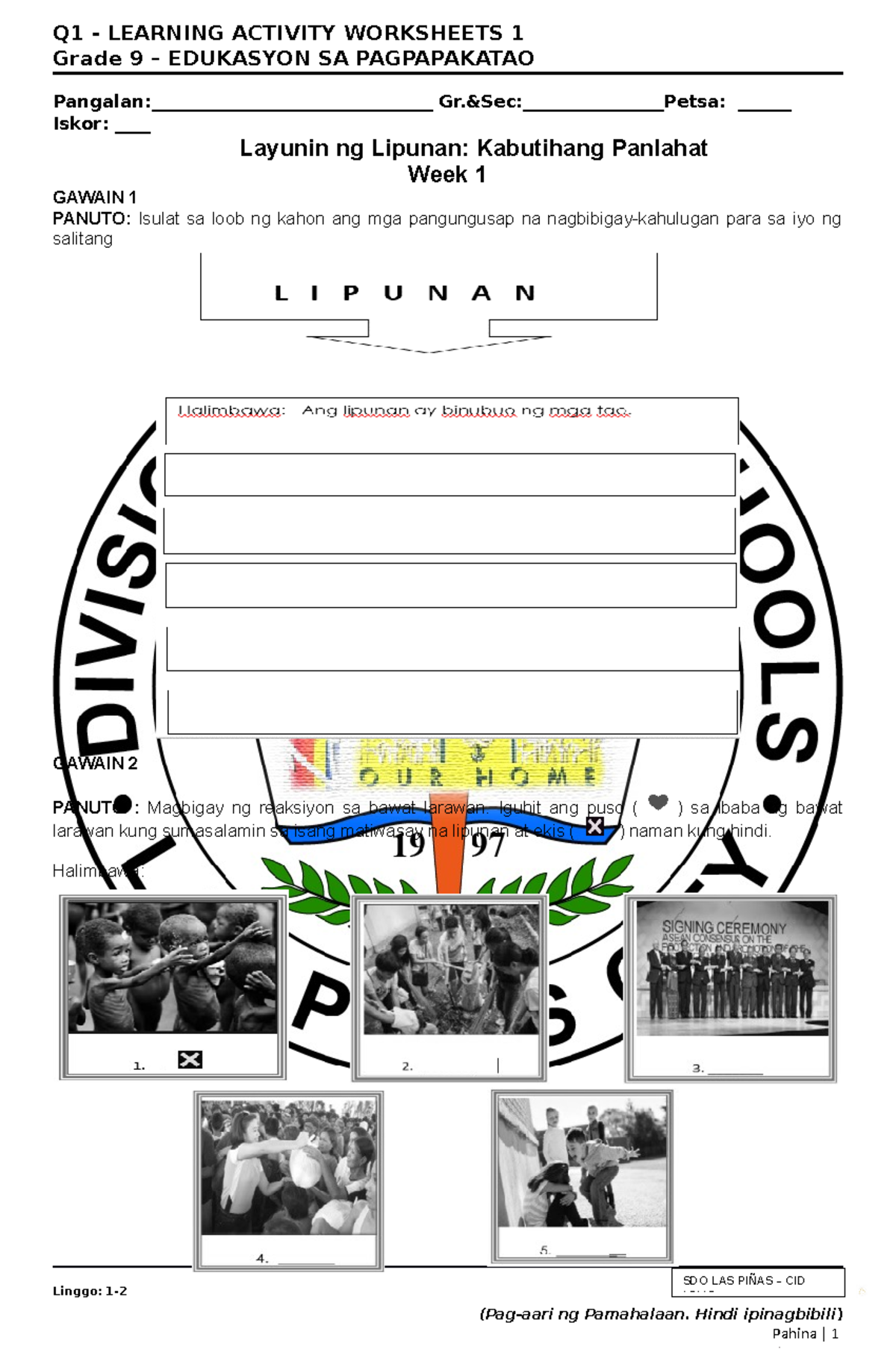 Q1 G9 ESP LAW 1 - activity sheet - Grade 9 – EDUKASYON SA PAGPAPAKATAO ...
