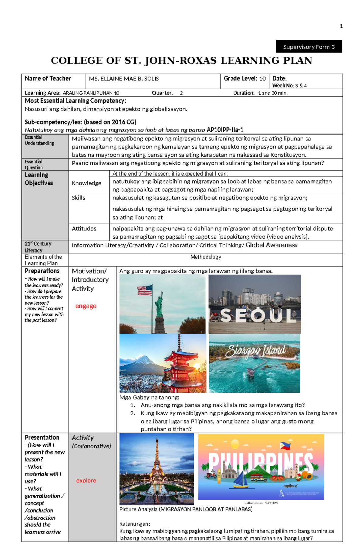 GR - guide - COLLEGE OF ST. JOHN-ROXAS LEARNING PLAN Name of Teacher MS ...