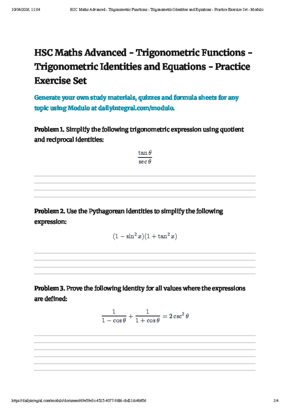 HSC Maths Advanced: Trigonometric Functions & Identities Practice Set ...