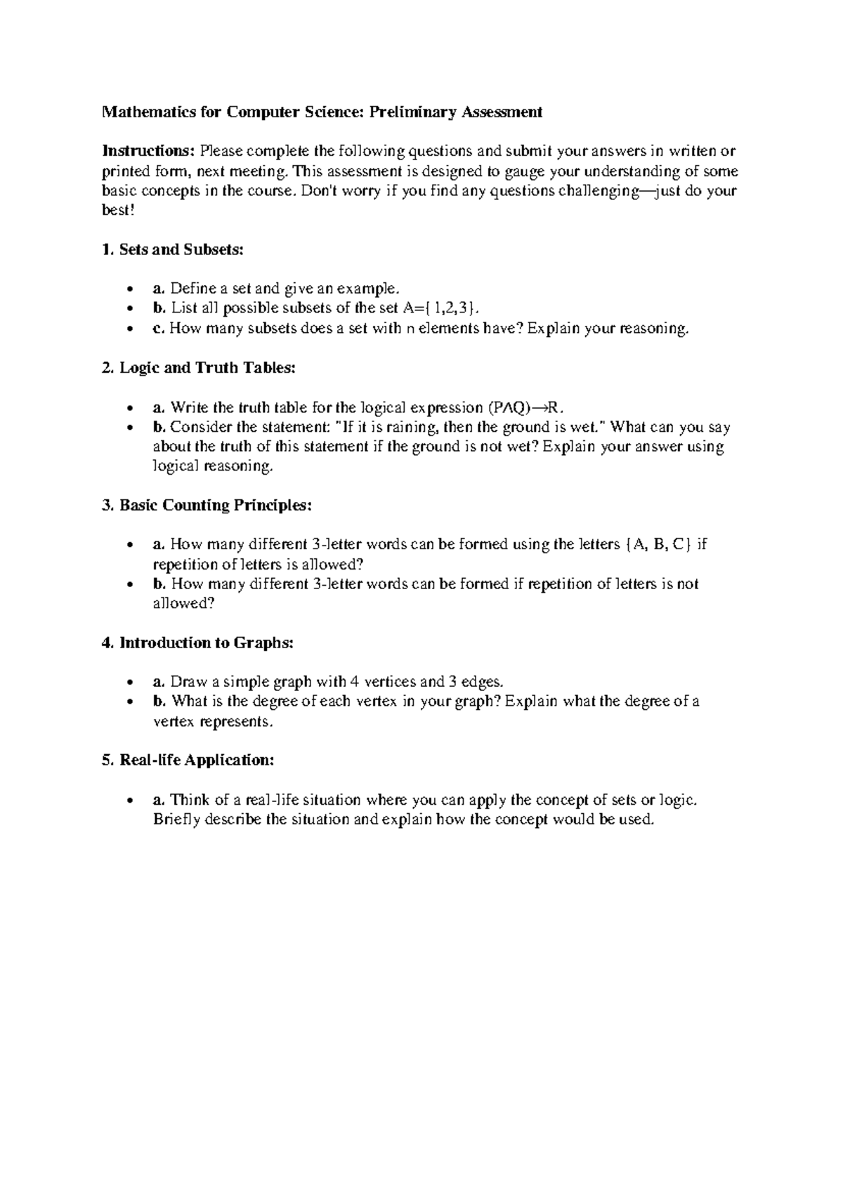 Mathematics for Computer Science: Preliminary Assessment Questions ...