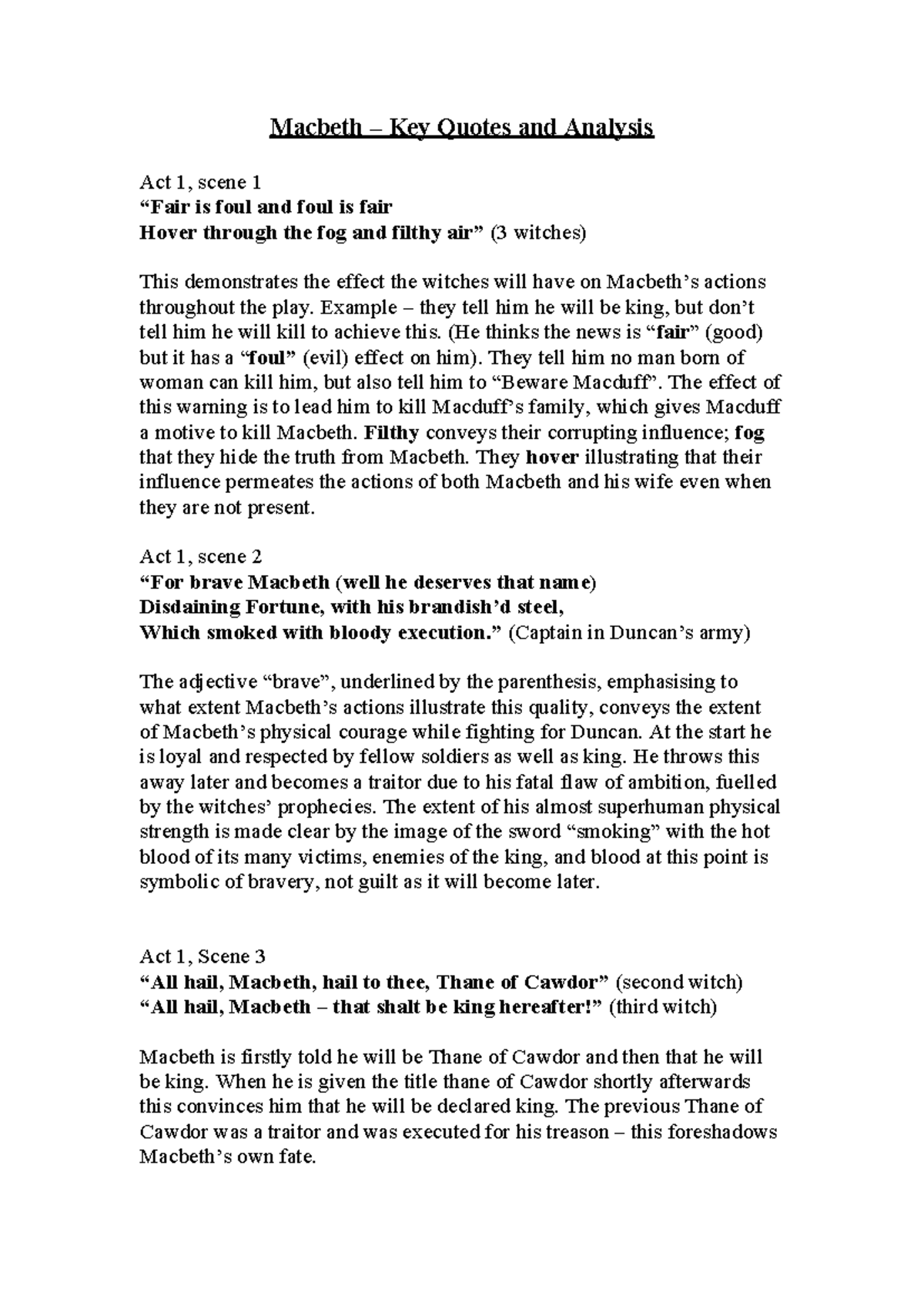 Macbeth (ENG 101) Key Quotes & Analysis: Acts 1-5 Overview - Studocu