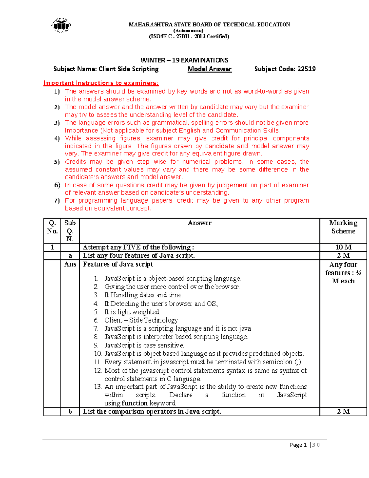Client Side Scripting Model Answers - Code 22519 - Winter 2019 Exam - Studocu