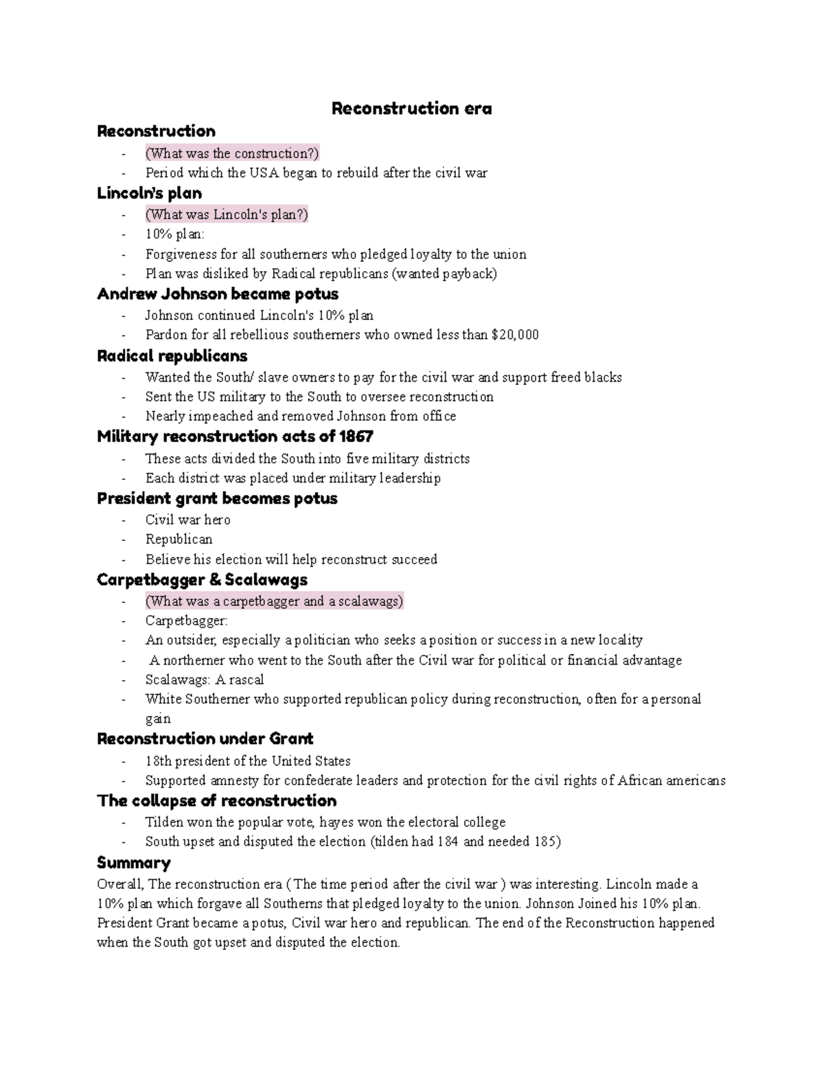 Reconstruction Era Overview and Key Points - Chapter 15 Notes - Studocu