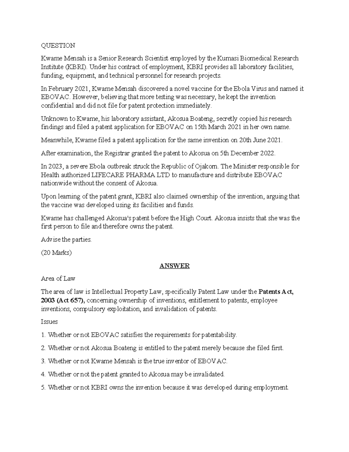 Intellectual Property Law Case Study: Patent Dispute on EBOVAC - Studocu