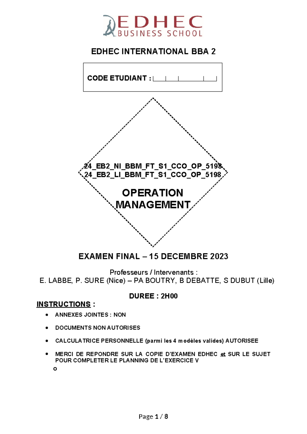24 BBA2 Examen Final en Gestion des Opérations - 15 Déc 2023 - Studocu