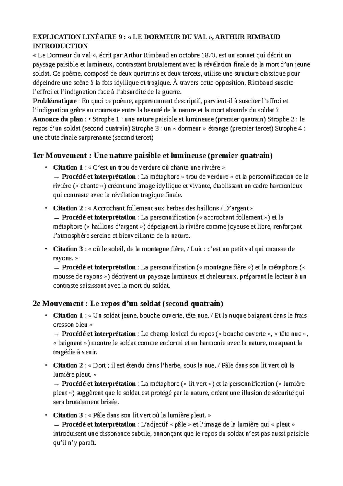 Explication Linéaire 9 : Le Dormeur du Val d'Arthur Rimbaud - Studocu