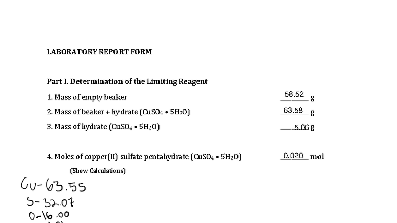 Chemistry Lab 4: Limiting Reagent Determination Report - Studocu