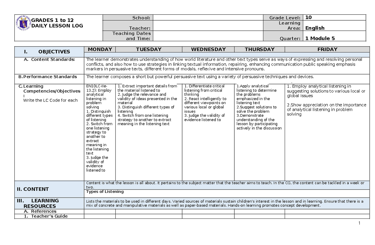 MELC 5 DLP - DAILY LESSON PLAN FOR ENGLISH 10 Q1 MOD 5 - Studocu