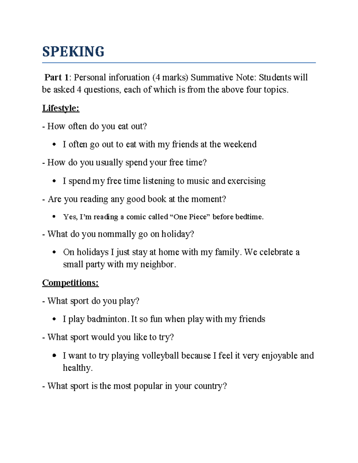 Speking.cuối kì - fvfvf - SPEKING Part 1: Personal inforuation (4 marks ...