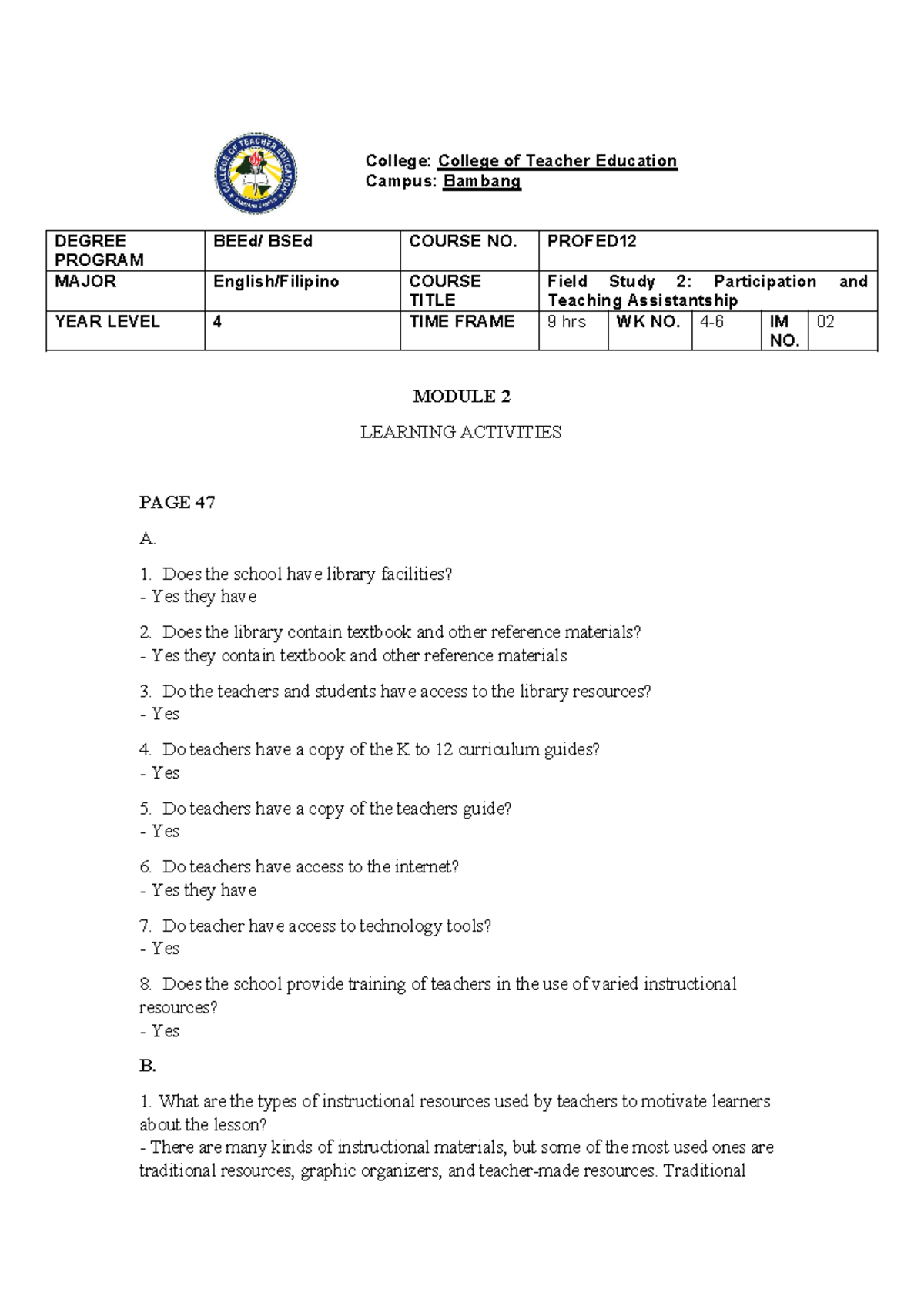 FS II Module 2 - Field Study - MODULE 2 LEARNING ACTIVITIES PAGE 47 A ...