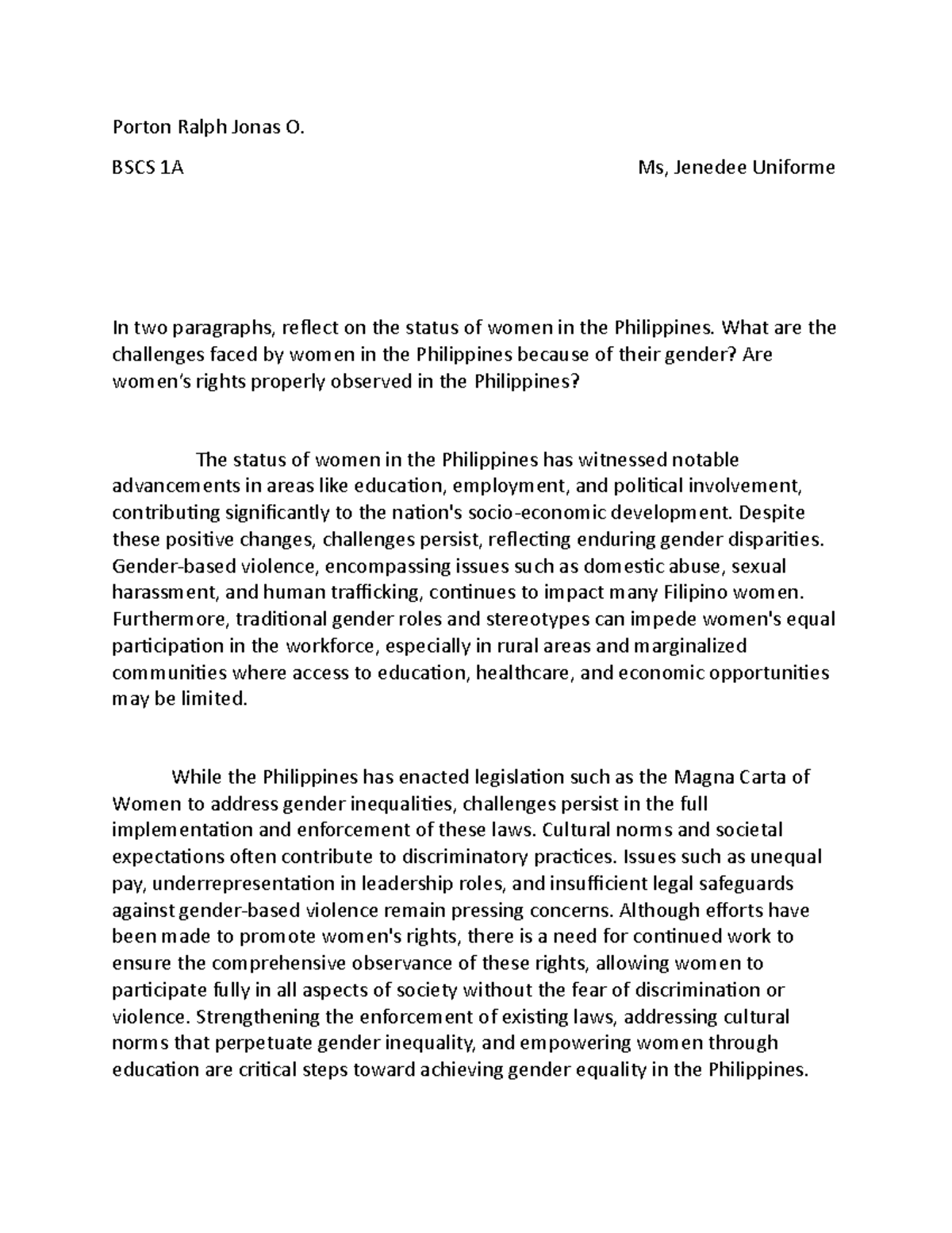 PT1 C3 PI100 Women's Status & Challenges in the Philippines - Studocu