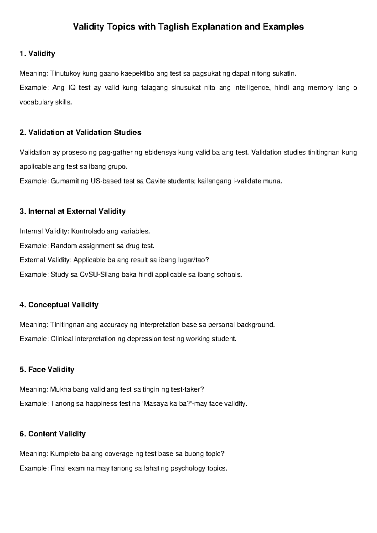 Validity Topics: Taglish Explanations & Examples for Psychology 101 - Studocu