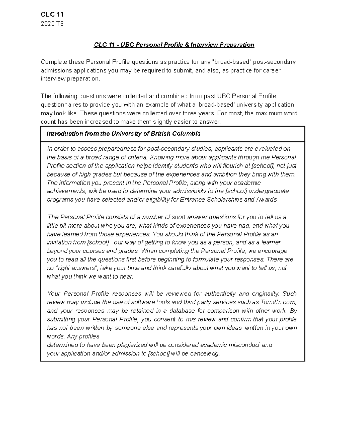 CLC 11 UBC Personal Profile & Career Interview Guide 2020 - Studocu