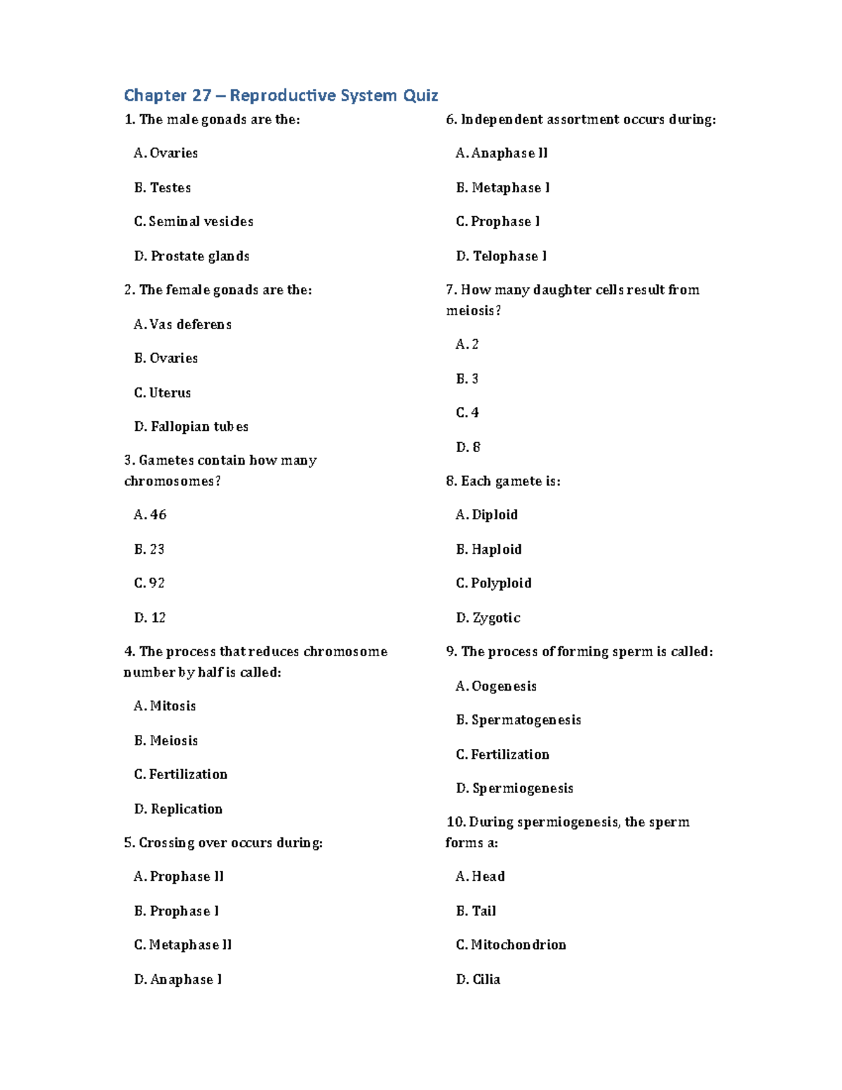 Ch27 Reproductive System Quiz 1: Male & Female Gonads - Studocu