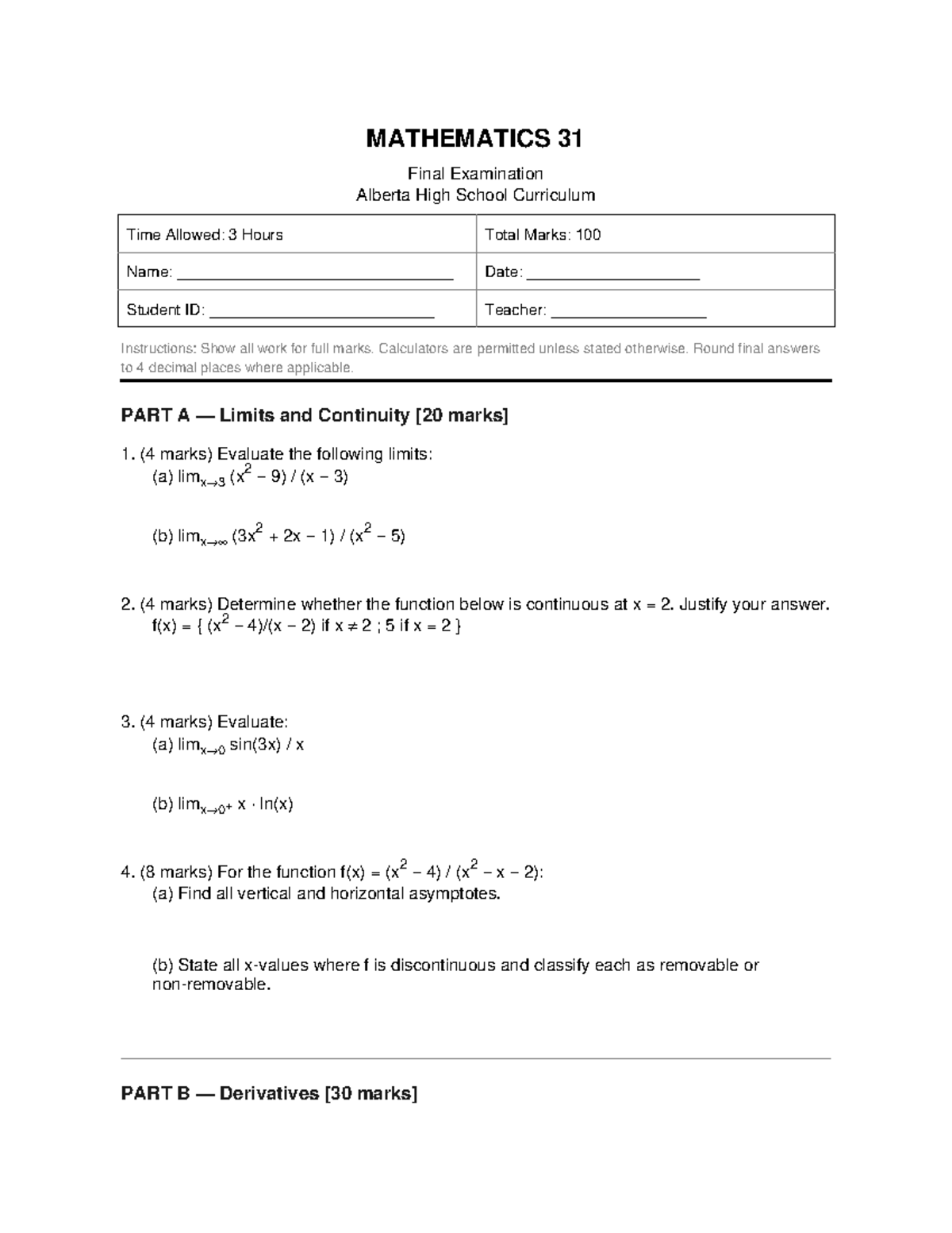 MATHEMATICS 31 Final Exam: Limits, Derivatives, and Integrals - Studocu