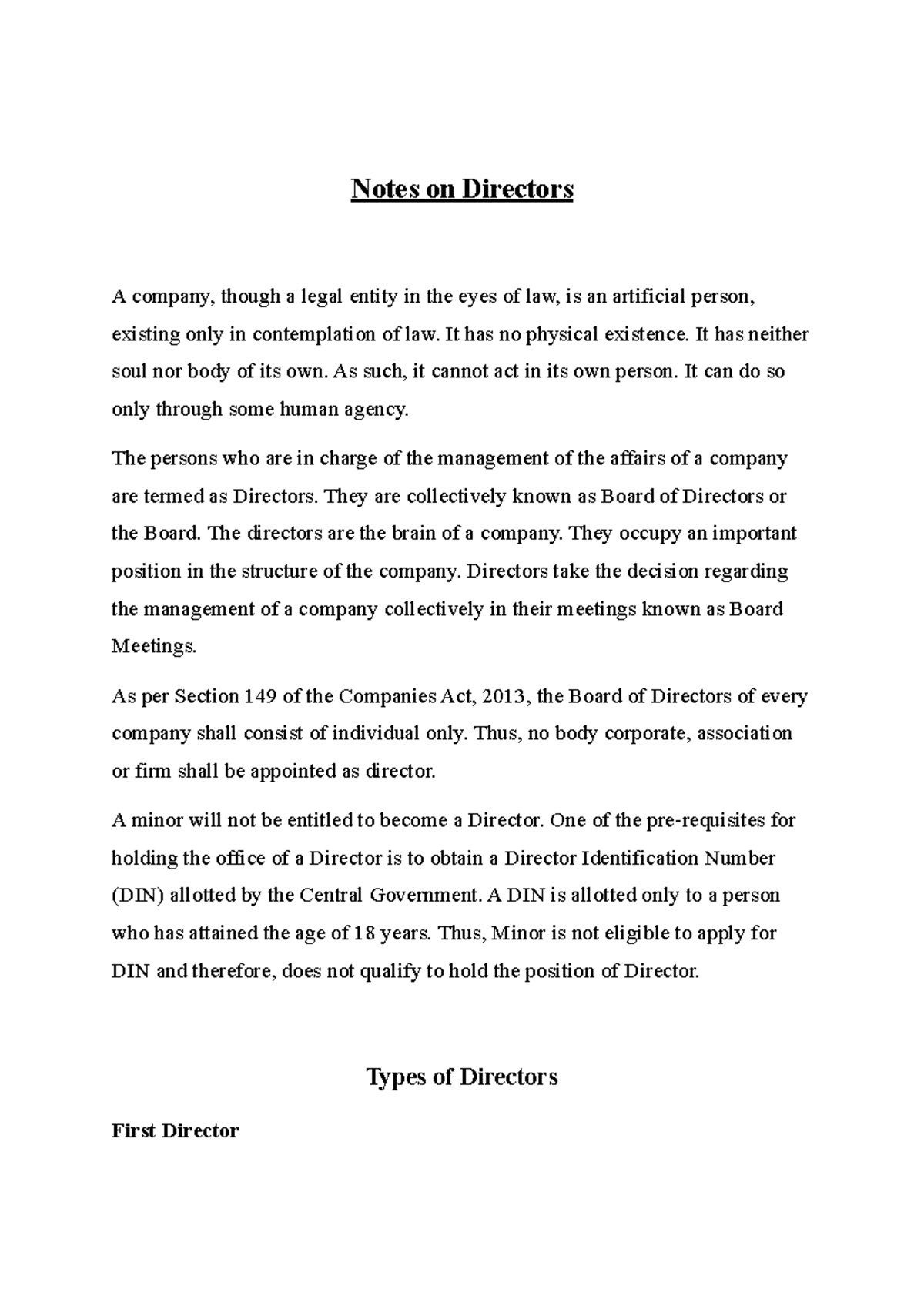 3. Comprehensive Notes on Directors and Their Roles in Companies - Studocu