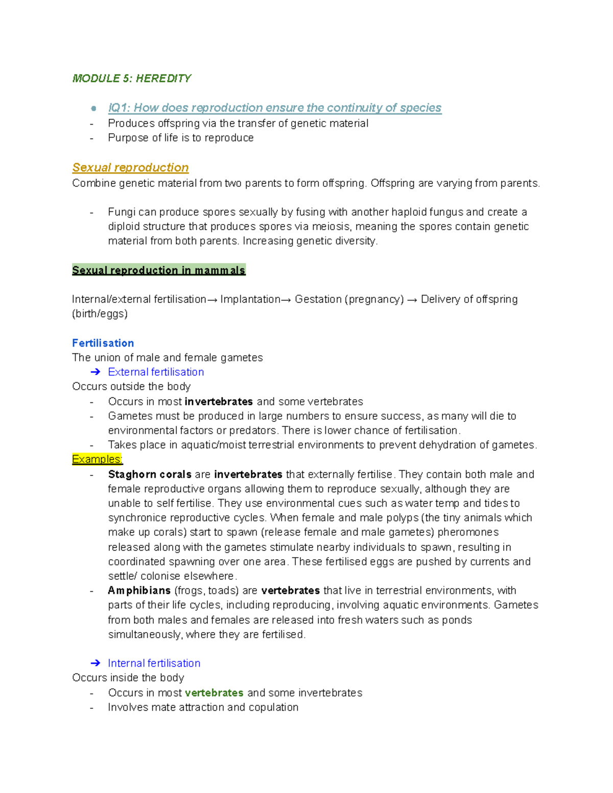 HSC Biology Summary Notes: Module 5 - Heredity and Reproductive ...