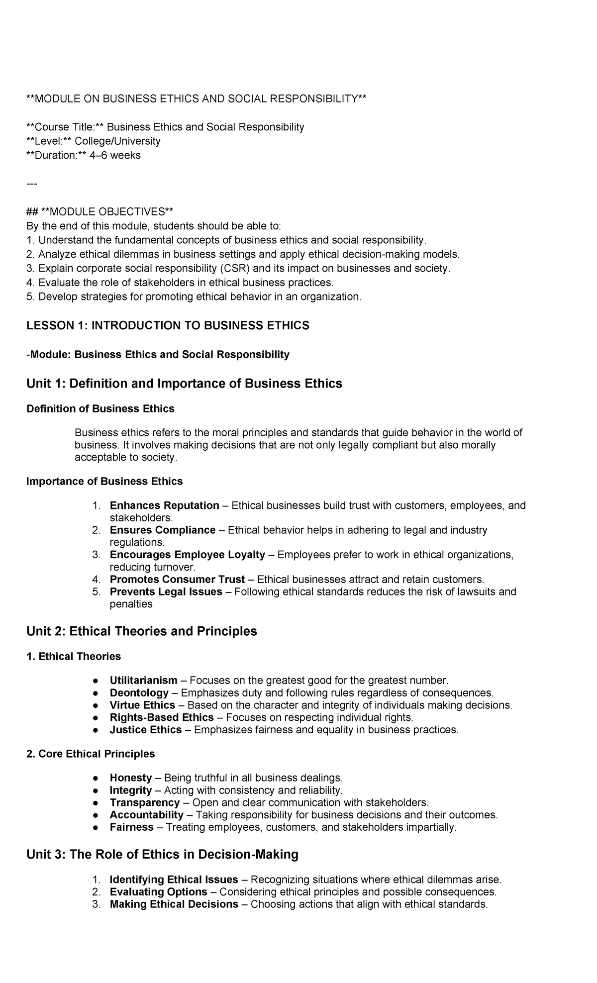 Business Ethics AND Social Responsibility ABM 12 - MODULE ON BUSINESS ...