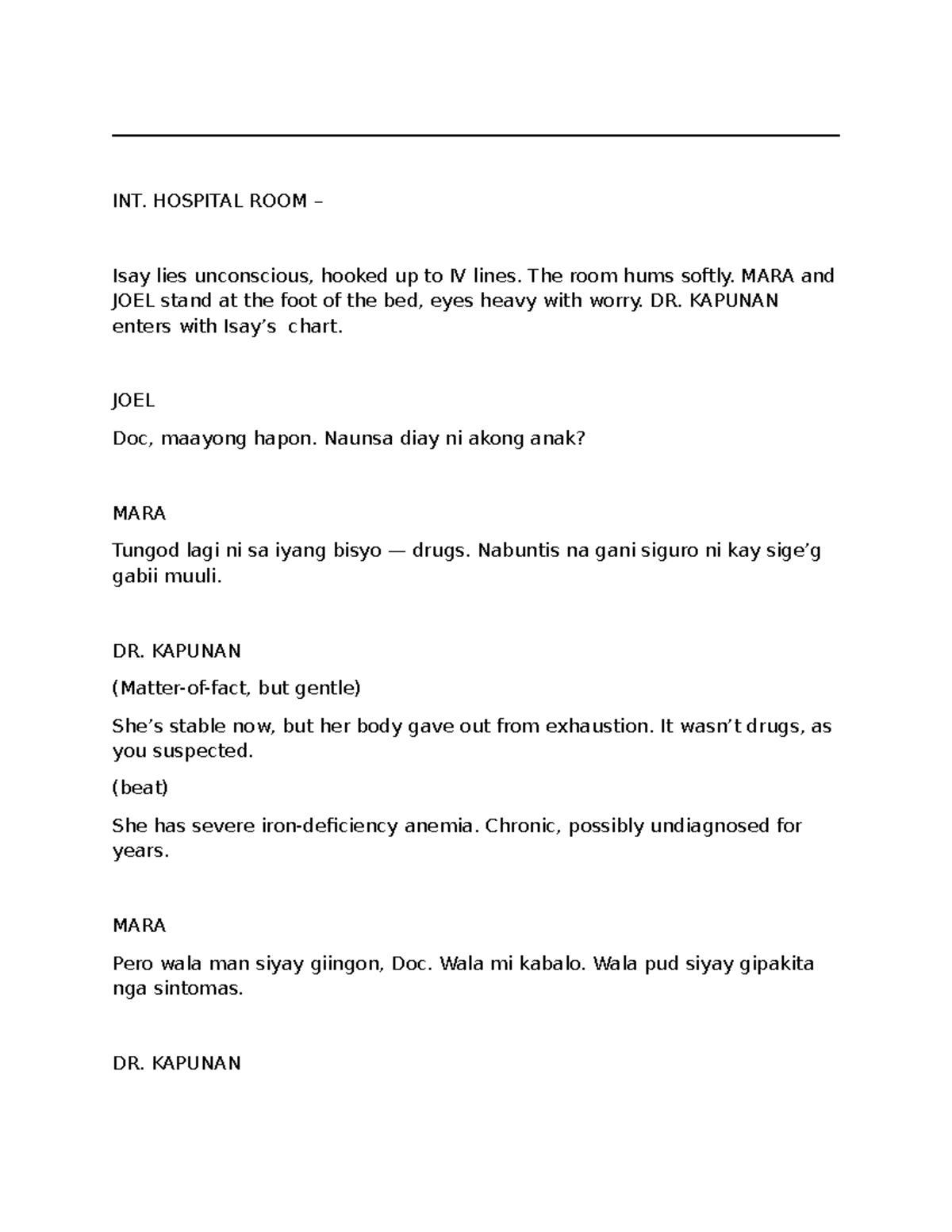 INT. HOSPITAL ROOM - Script Analysis for Course Code: HSPT 101 - Studocu