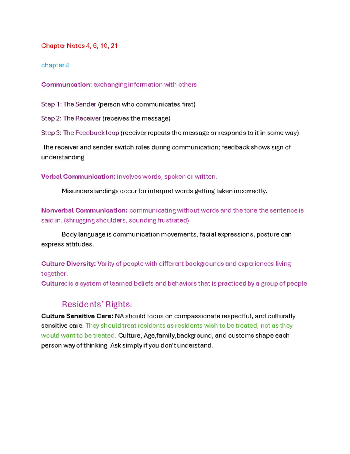 Chapter 6, 10, 21: Communication & Safety in Resident Care Notes - Studocu