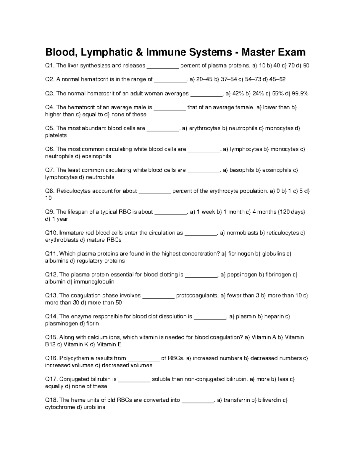 Blood, Lymphatic Immune Systems Master Exam Q1-Q20 - Studocu