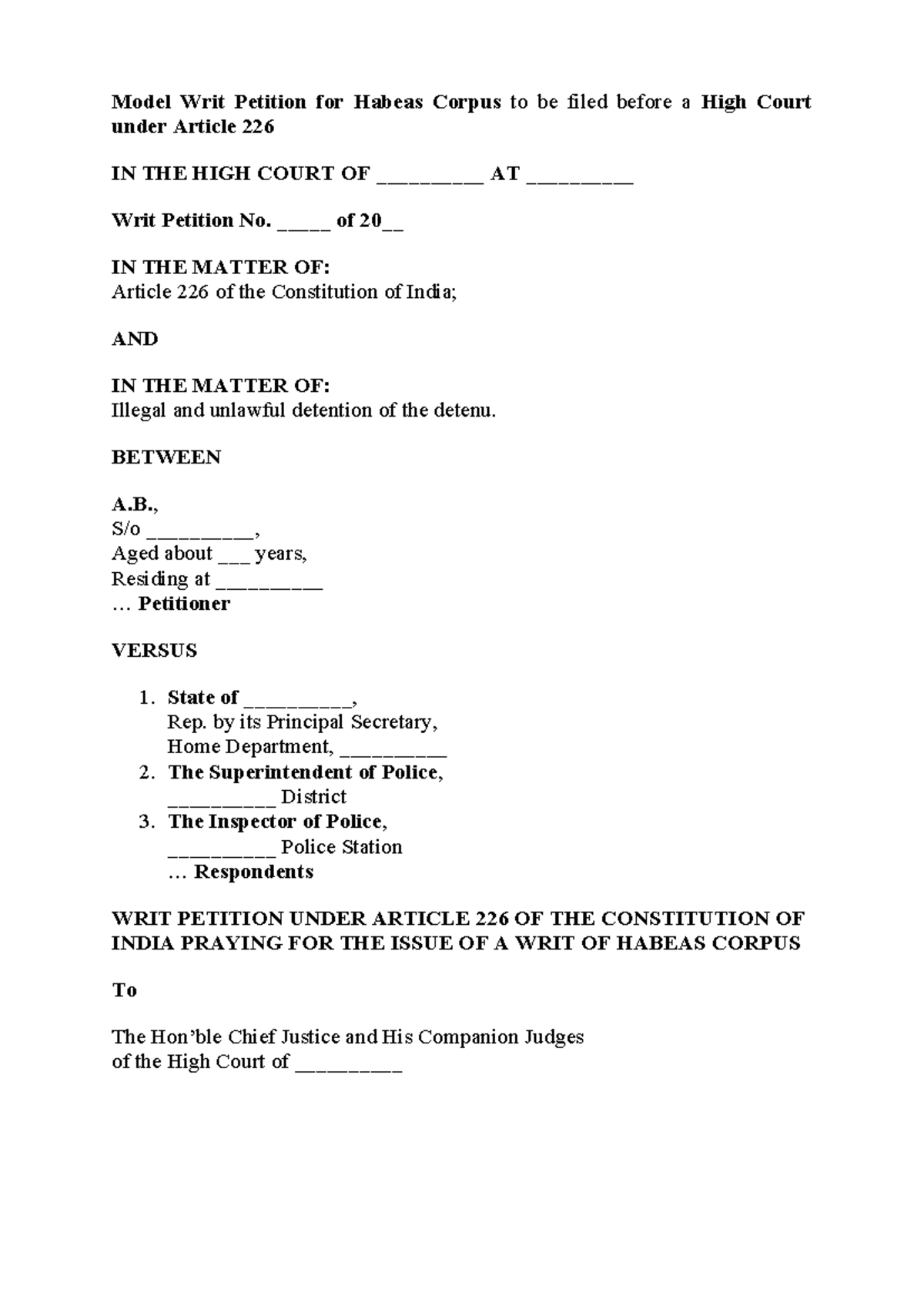 Model Writ Petition for Habeas Corpus under Article 226 - Studocu