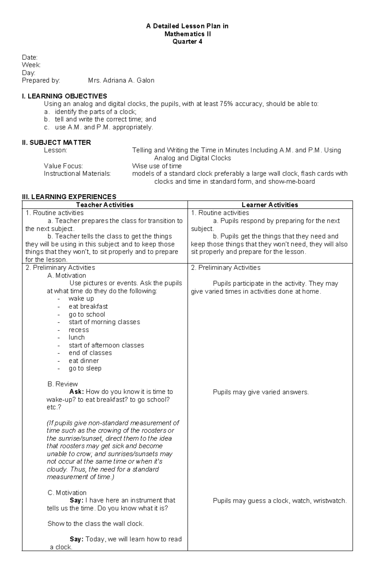 Mathematics II Lesson Plan: Telling Time with Clocks (Quarter 4) - Studocu