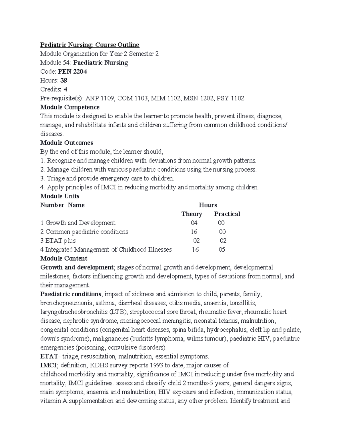 PEN 2204: Pediatric Nursing Course Outline for Year 2, Sem 2 - Studocu