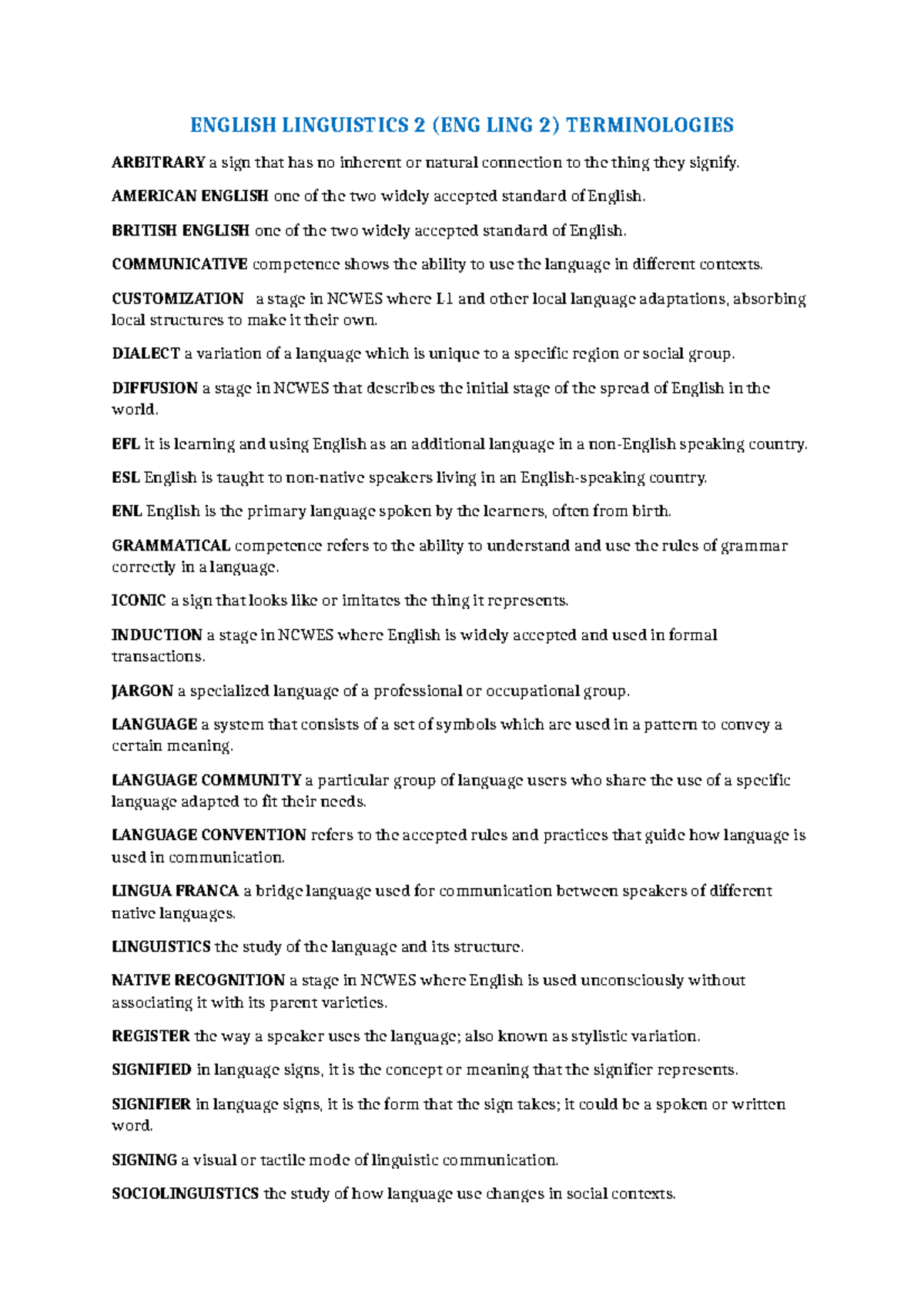 ENG LING 2 Review Notes: Key Terminologies & Language Evolution - Studocu