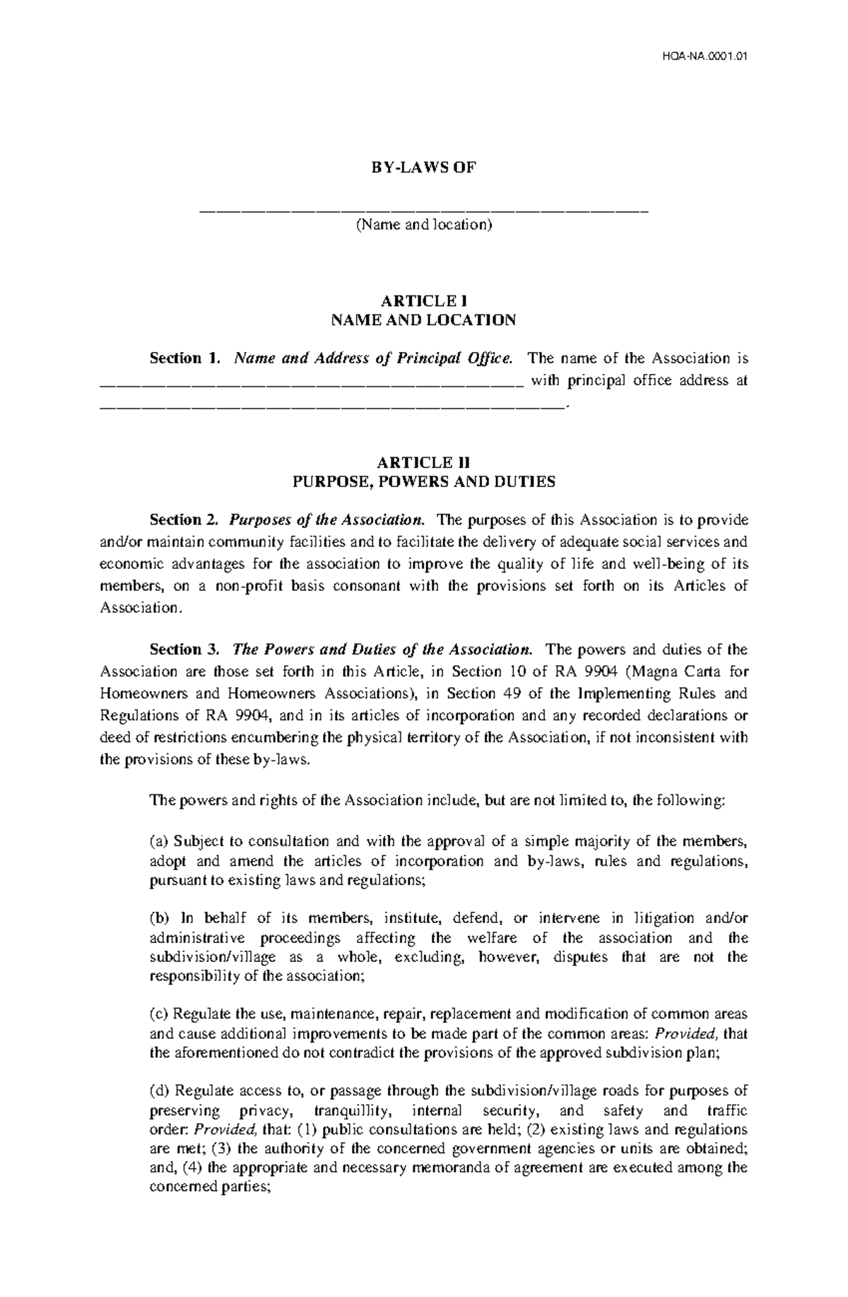 HOA-NA.0001.01 Neighborhood Association By-Laws and Governance - Studocu