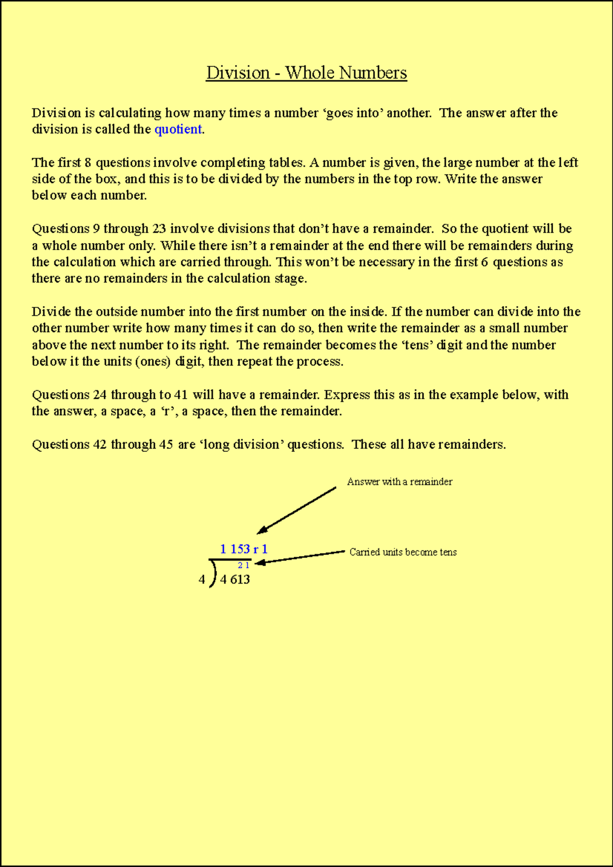 Division of Whole Numbers: Understanding Quotients and Remainders - Studocu