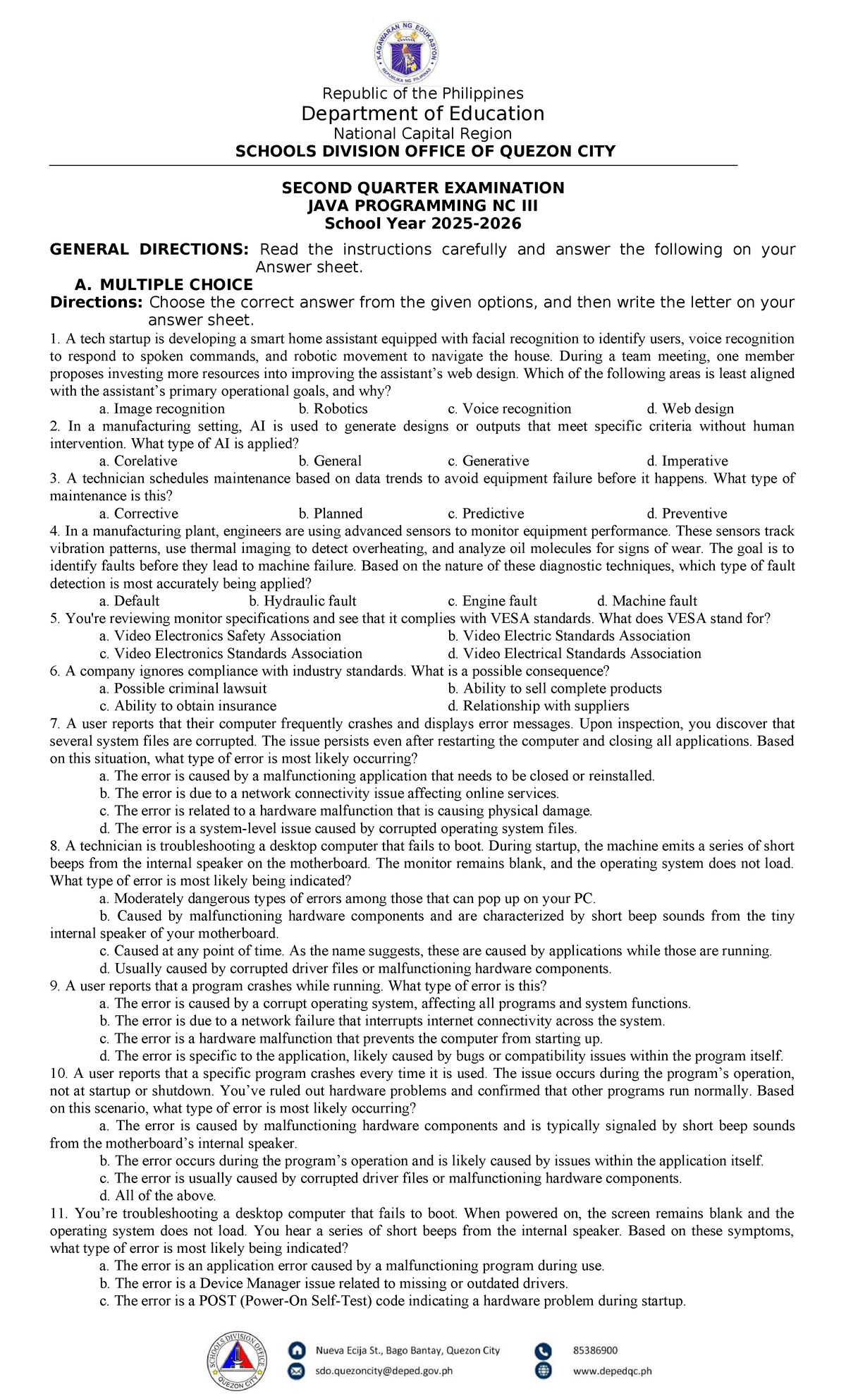 JAVA-PROG 2nd Quarter Exam Review and Answer Key - Studocu