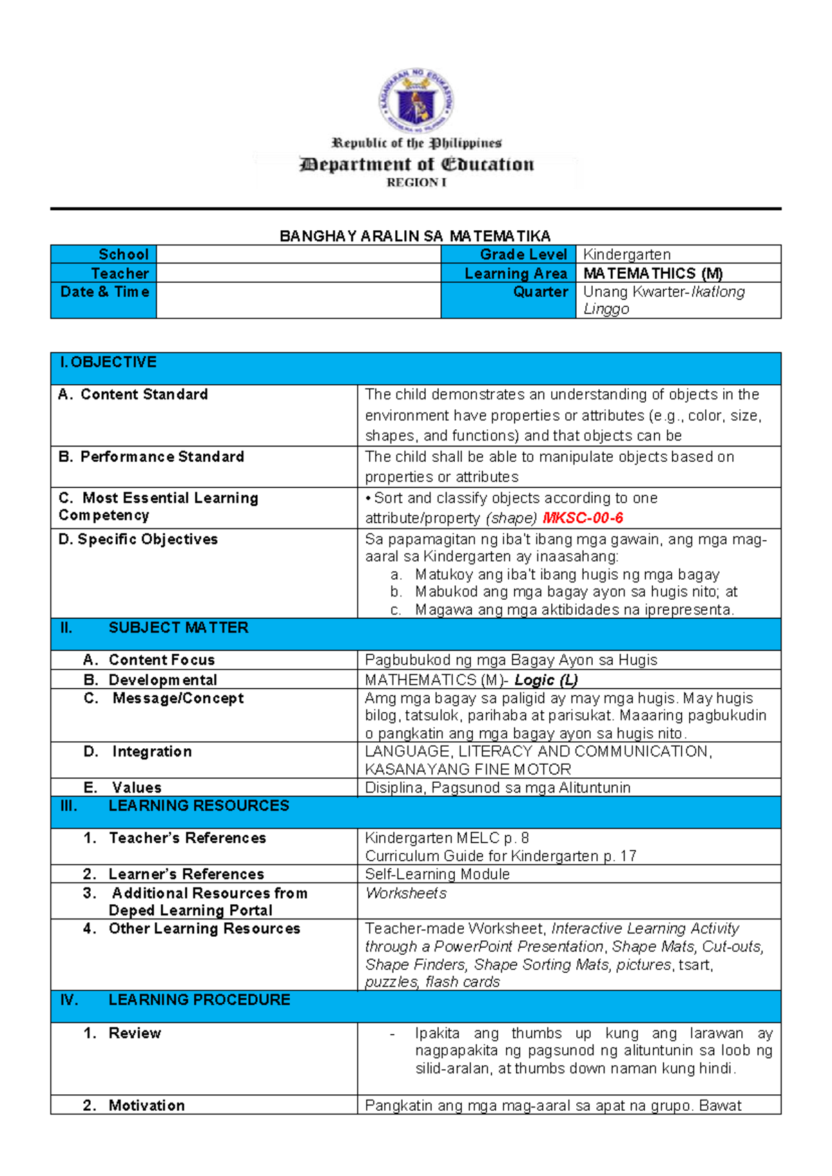 Lesson Plan for Kindergarten Mathematics (M) - Q1 Week 3 - Studocu