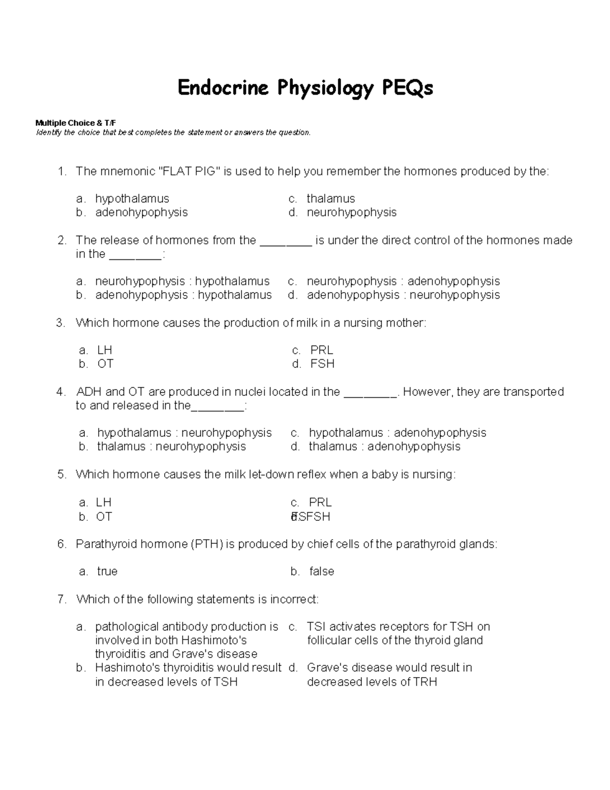 Endocrine Physiology PEQs: Multiple Choice Questions Review - Studocu